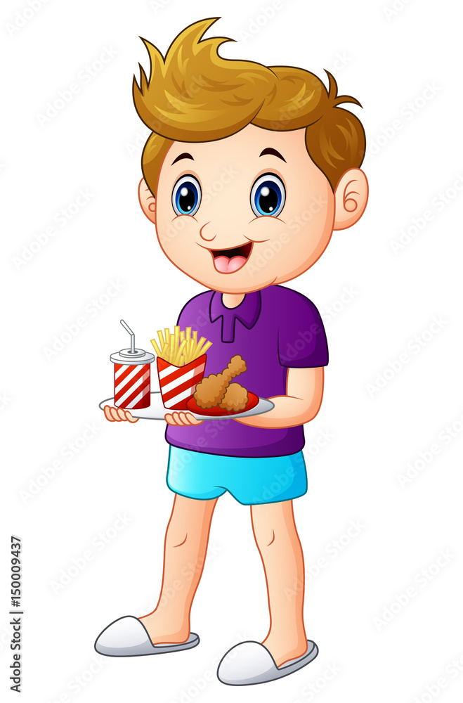 Cartoon boy with a tray of fast food Stock Vector | Adobe Stock