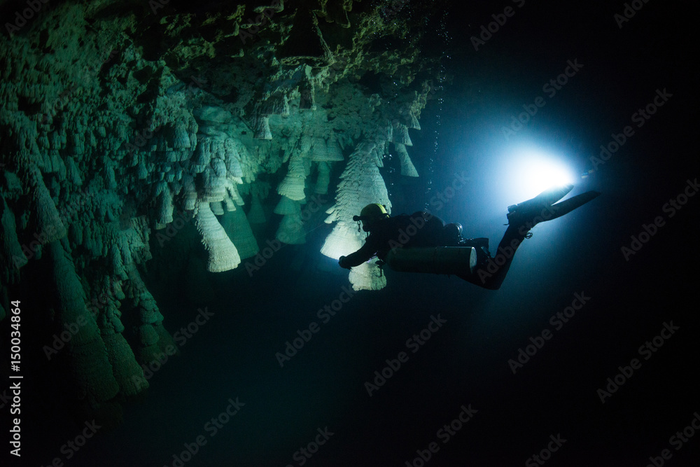 Foto de Scuba diver exploring unique natural formations known as "bells ...