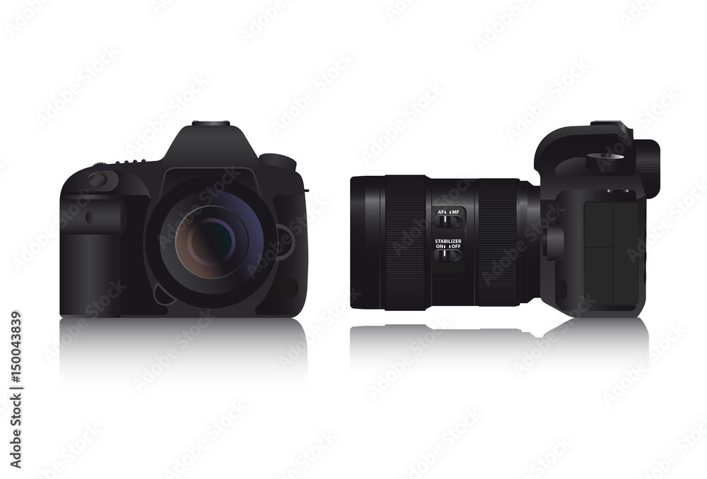 Realistic full frame professional photo camera DSLR with zoom lens and ...