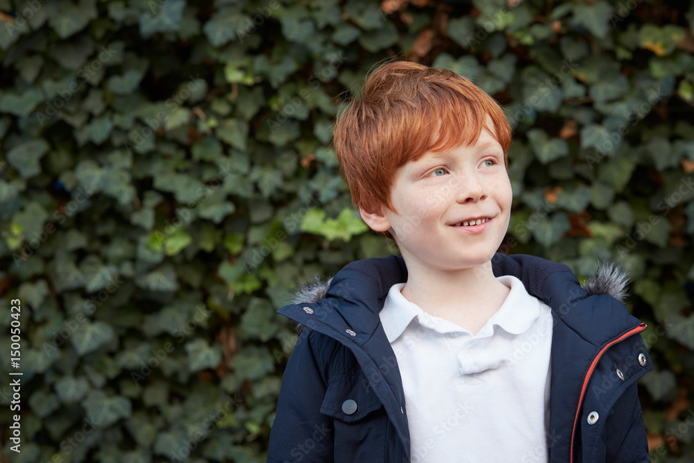 Portrait of red haired boy in front of ivy wall looking away Stock ...