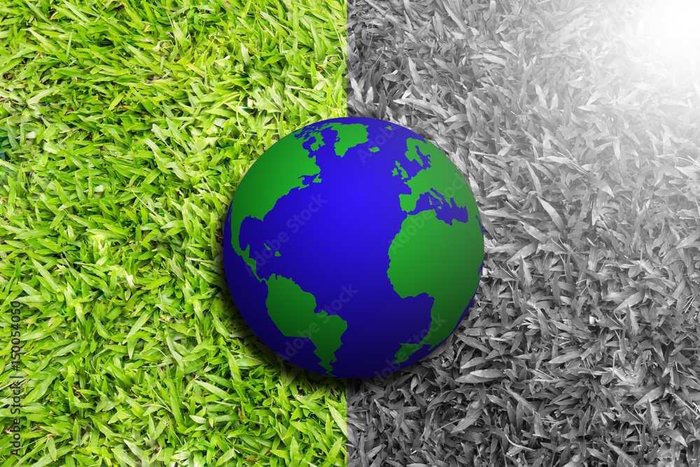 Earth on half green and half black and white grass, environment concept ...