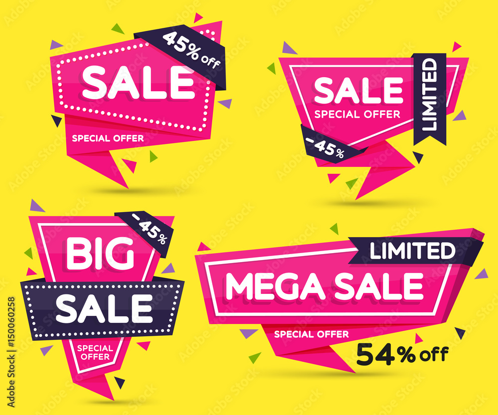 Set of pink colored stickers and banners. Geometric shapes with sharp ...