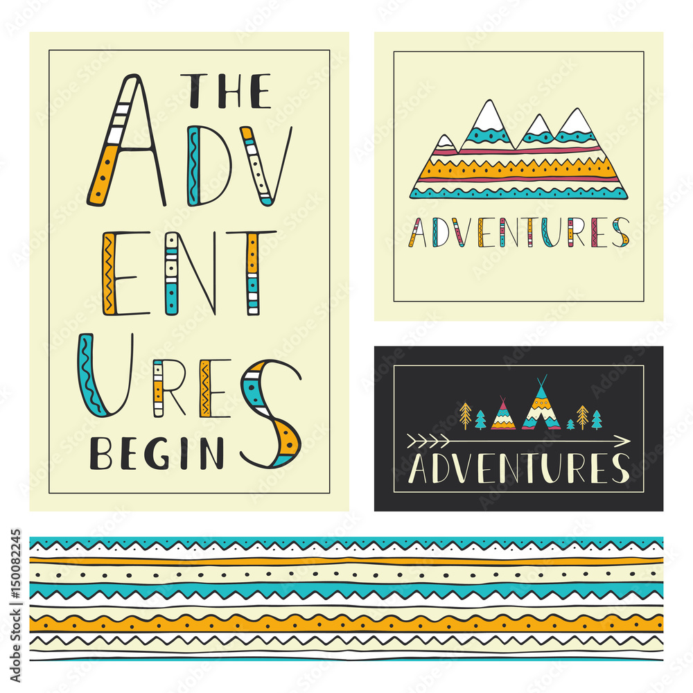 Set of stylish outdoor cards template. The adventures begin. Hand drawn ...