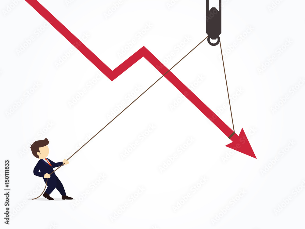 Businessman pulling a falling arrow graph chart from further dropping ...