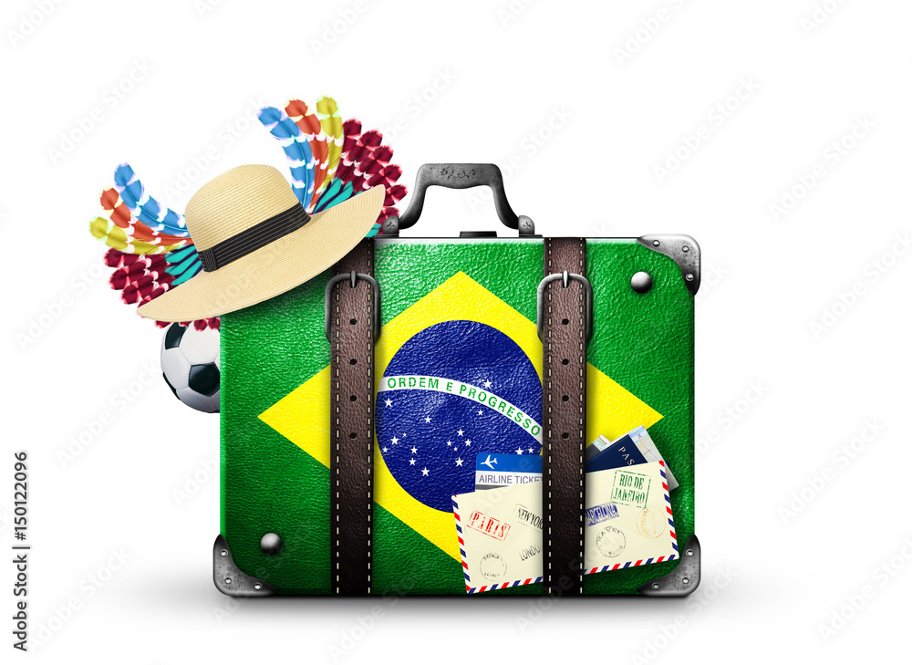 Brazil, Brazil landmarks, travel and retro suitcase Stock Photo | Adobe ...