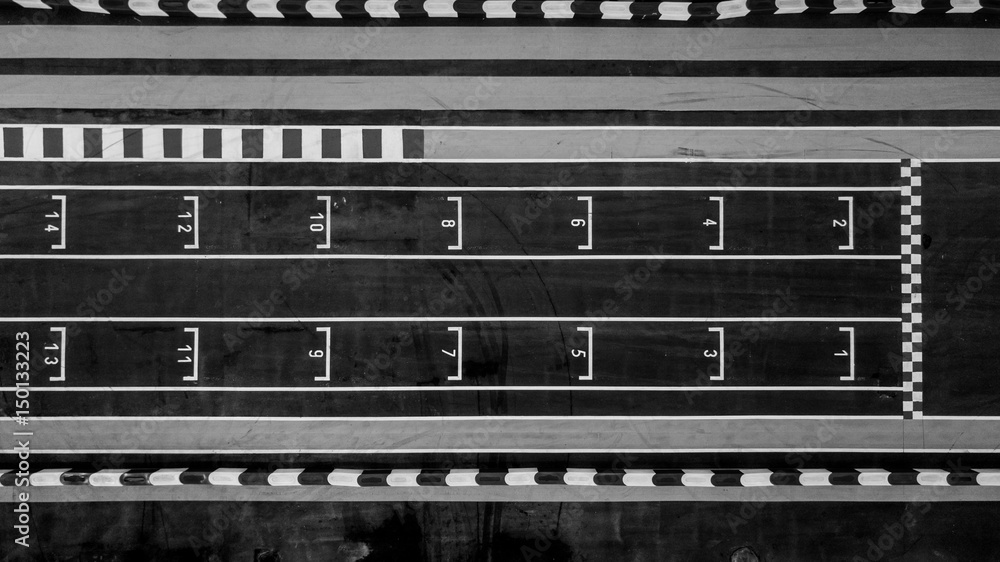 Aerial view of race start line background in a car track in karting ...