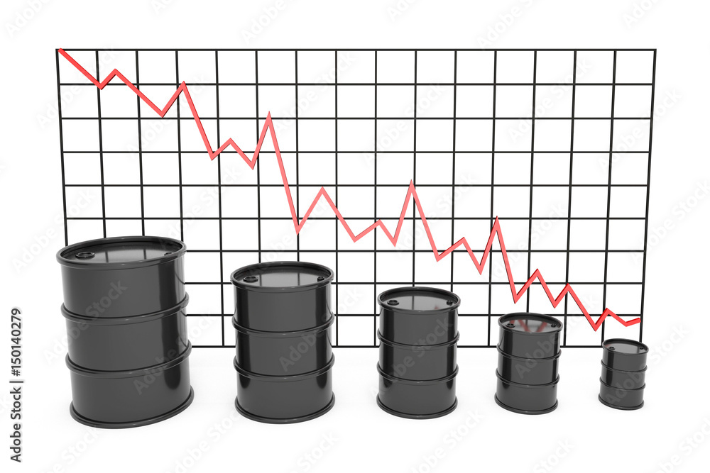 3d illustration: Black barrels of oil graph chart stock market with red ...