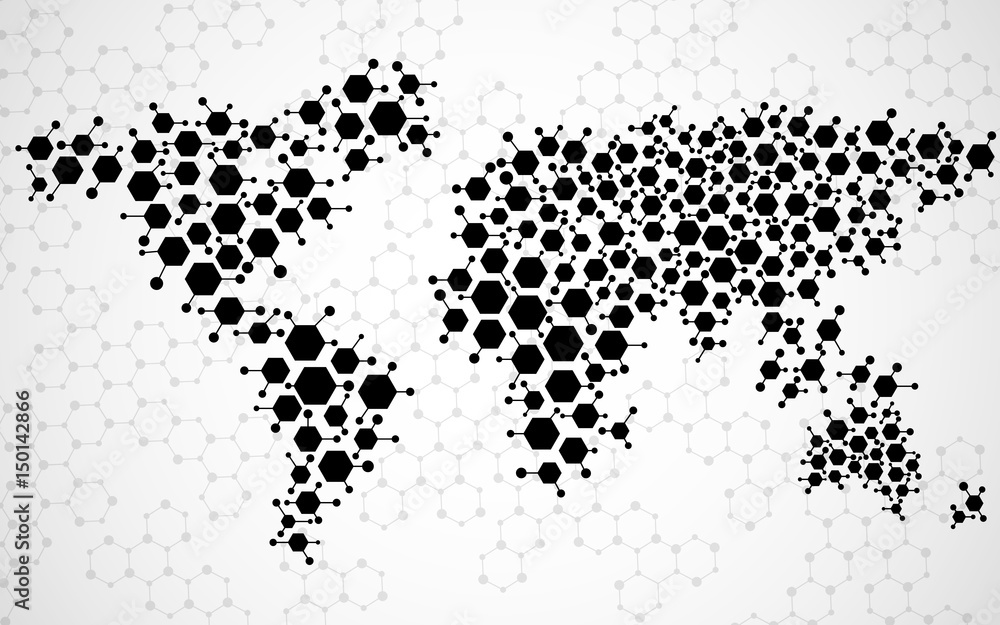 Abstract world map of hexagonal molecular structures Stock Illustration ...