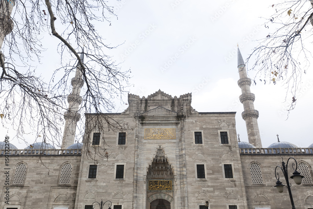 The entrance to the Suleymaniye Mosque with its slender minaret on the background, Istanbul ...