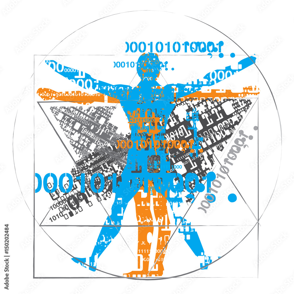 Vitruvian man of digital age. A grunge stylized drawing of vitruvian man with a binary codes ...