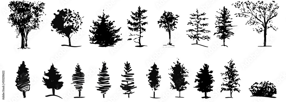 Ink illustration of growing trees with some grass. Silhouette isolated ...