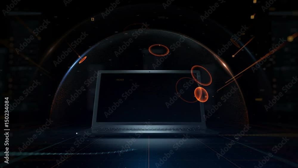 3d rendered concept background. Hacker attacks the notebook. Particles ...
