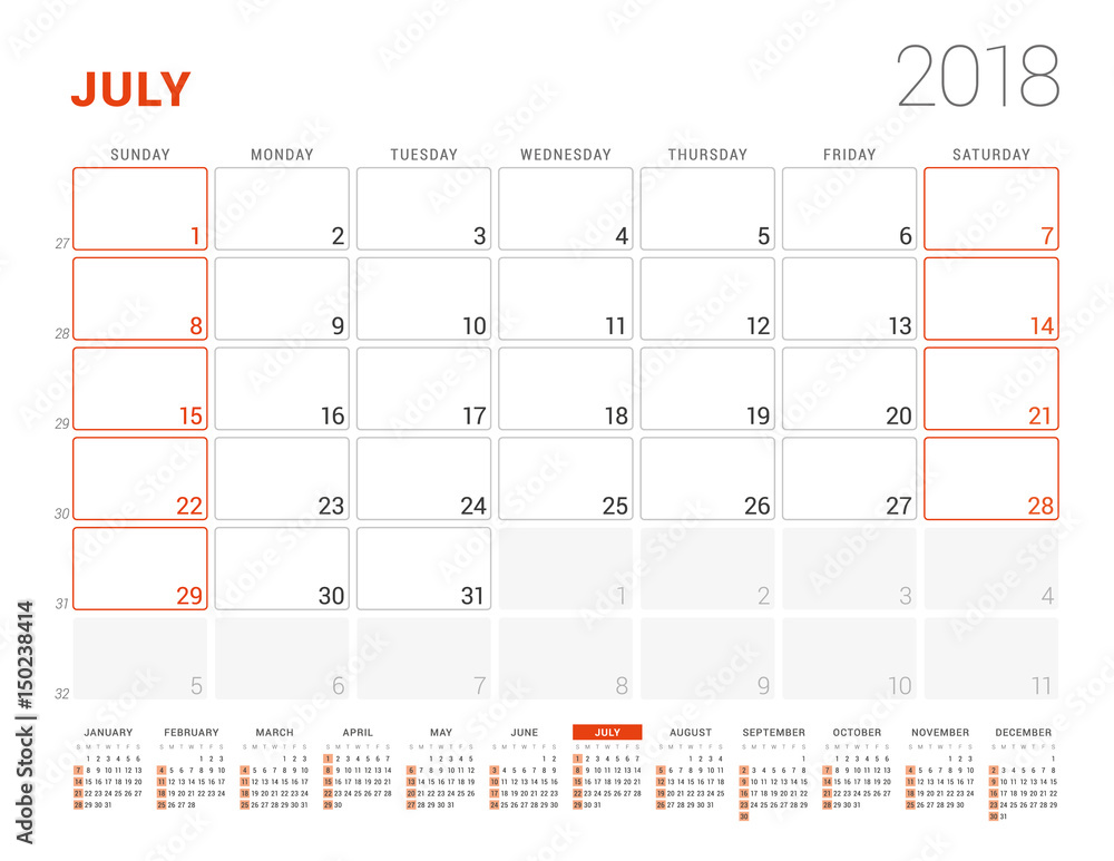 Calendar Template for 2018 Year. July. Business Planner with Year ...