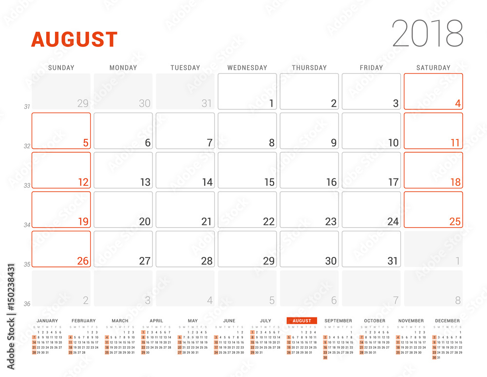 Calendar Template for 2018 Year. August. Business Planner with Year ...