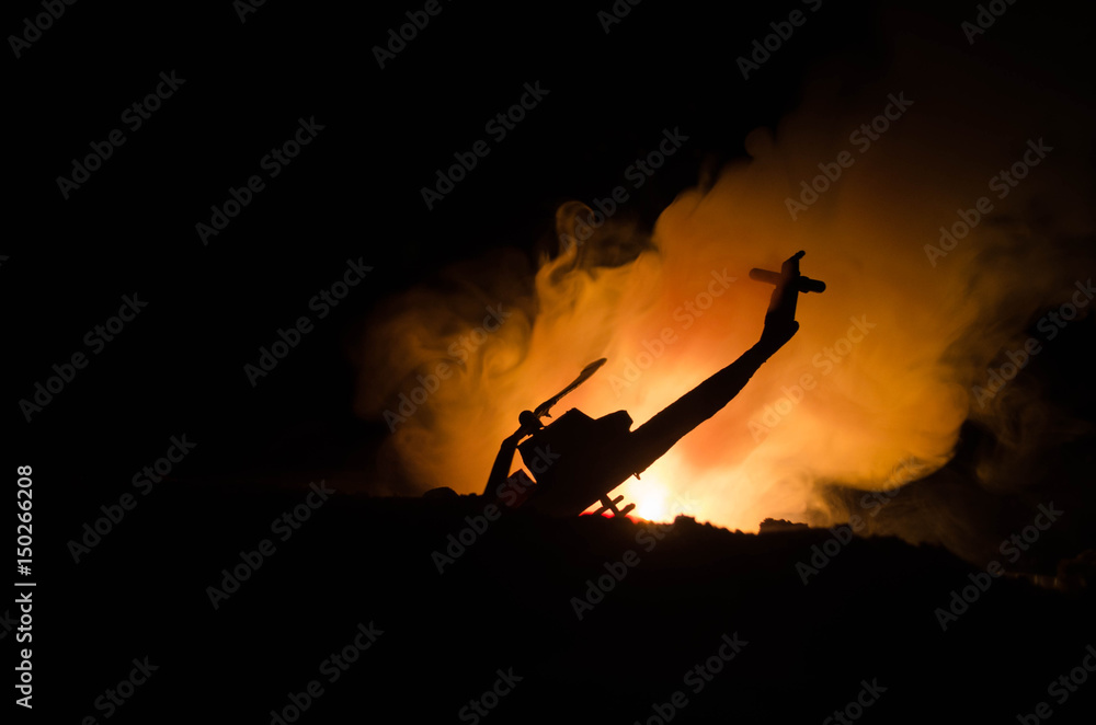 Air Crash. Burning falling helicopter. Destroyed helicopter. Decorated ...
