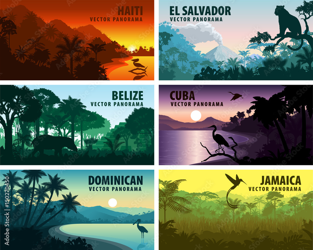 vector set of panorams countries of caribbean and Central America ...