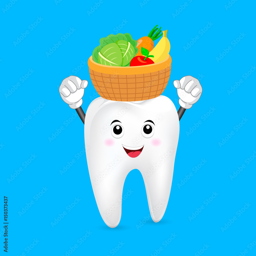 Cute cartoon tooth with basket of vegetables. Healthy teeth concept ...
