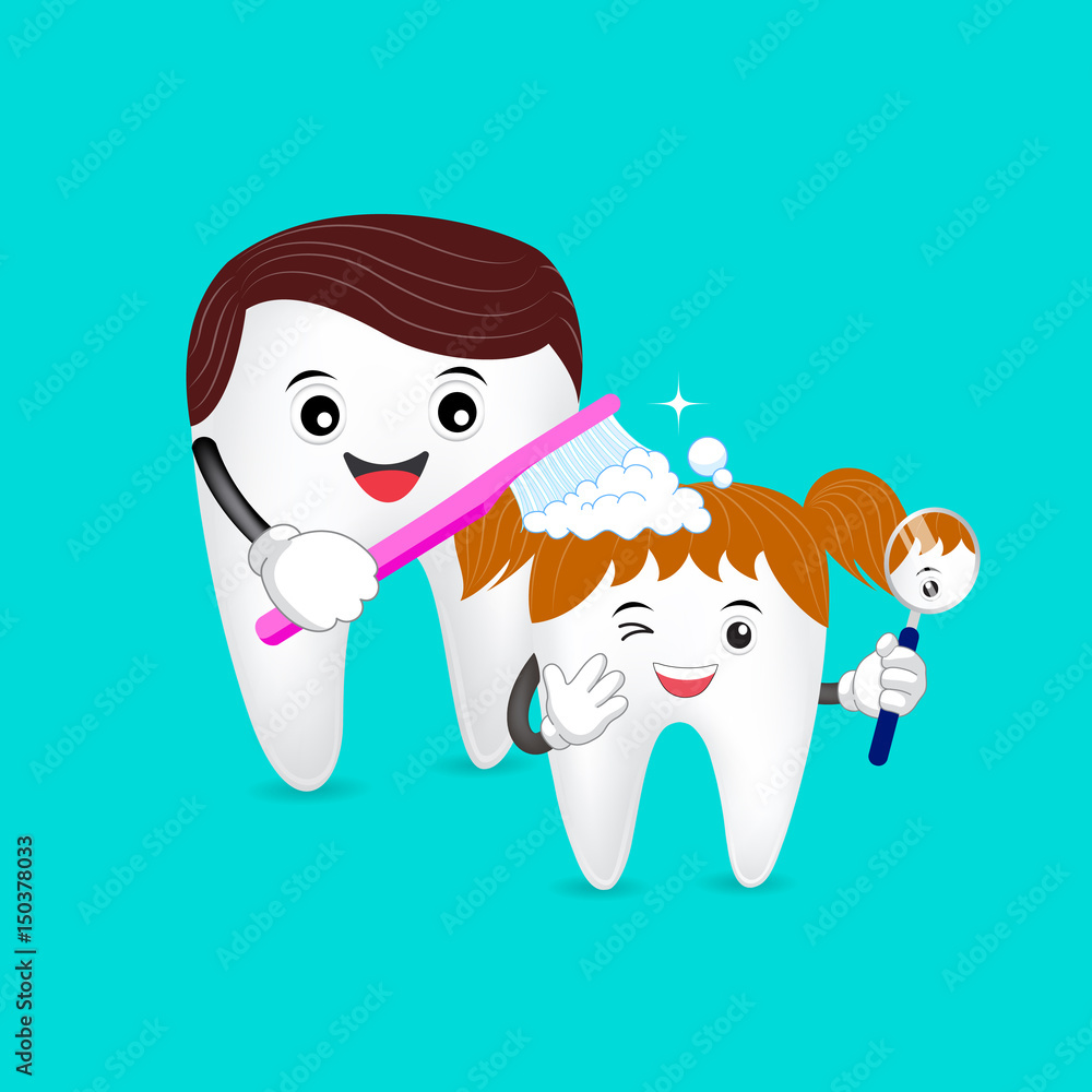 Cute cartoon tooth family. Dad brushing tooth daughter. Happy father ...