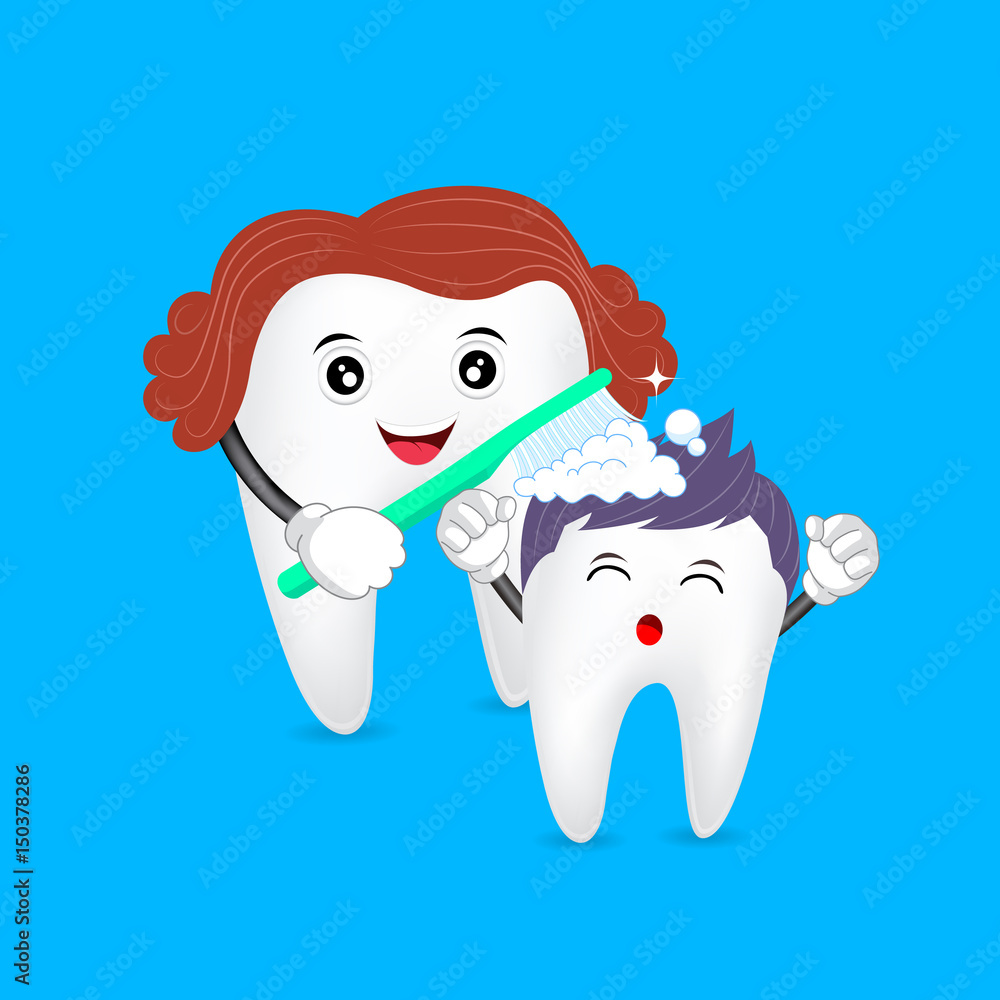 Cute cartoon tooth family. Mom brushing tooth son. Happy mother Day ...