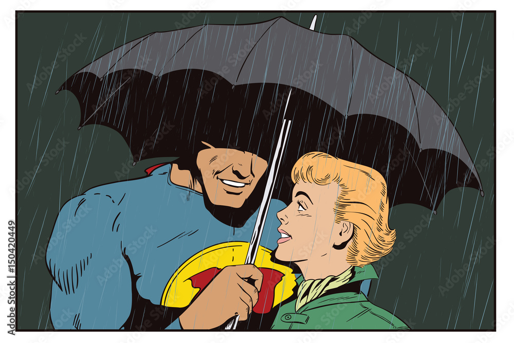 Superhero saves girl from rain. A hero holds an umbrella over a woman ...