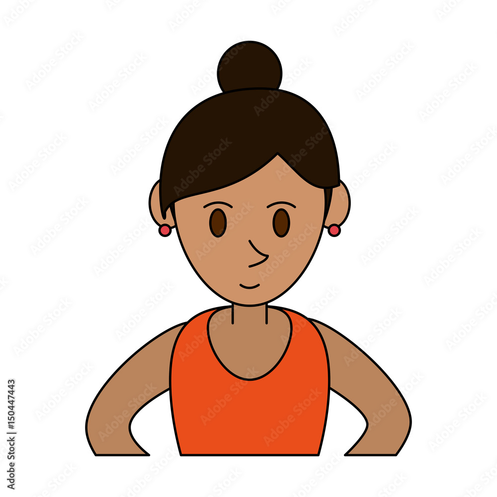 colorful image cartoon half body woman with collected hairstyle and ...