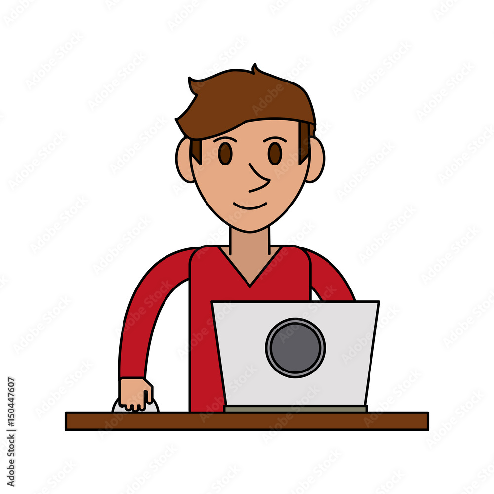 colorful image cartoon front view half body guy with laptop computer ...