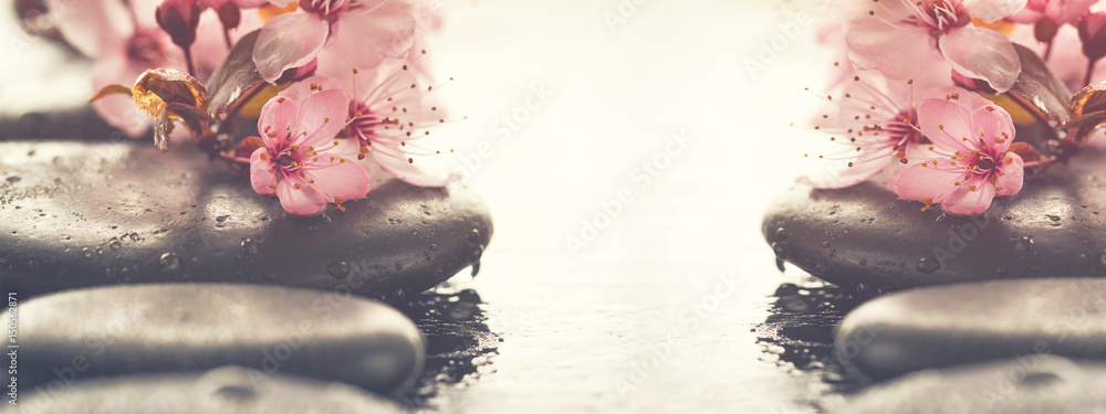 Beautiful pink Spa Flowers on Spa Hot Stones on Water Wet Background ...