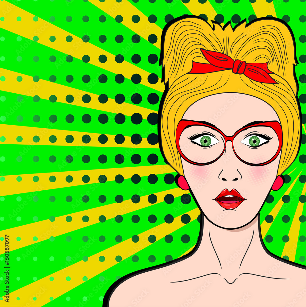Wow Pop Art Female Face Sexy Surprised Young Woman With Open Mouth And