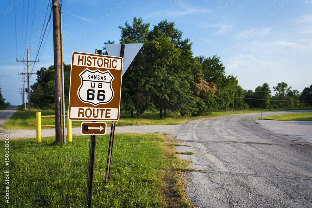 Historic Route 66 road sign in a strecht of the original road in the ...