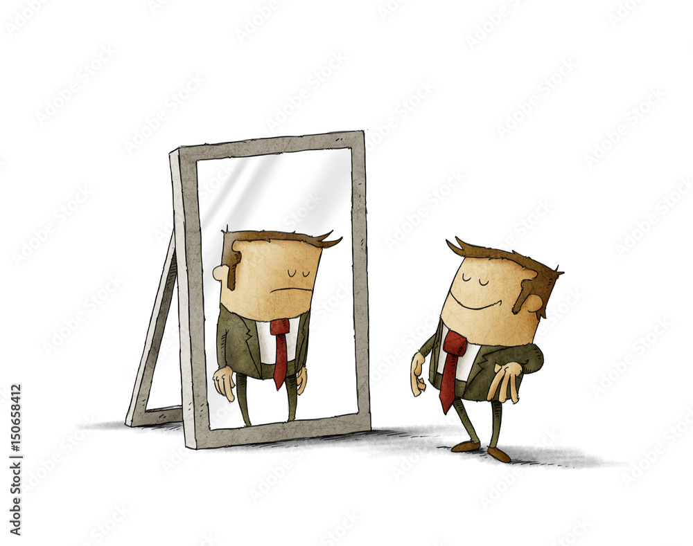 Happy businessman in front of a mirror where it looks reflected sad ...