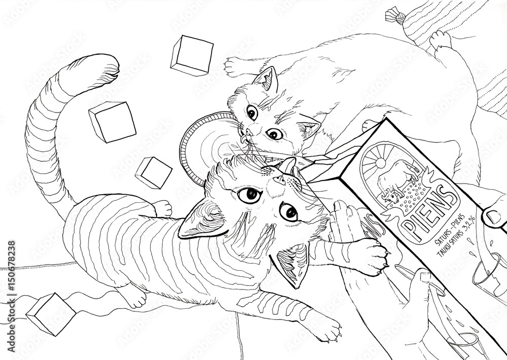 Hand drawn illustration cats drinking milk black and white for coloring ...