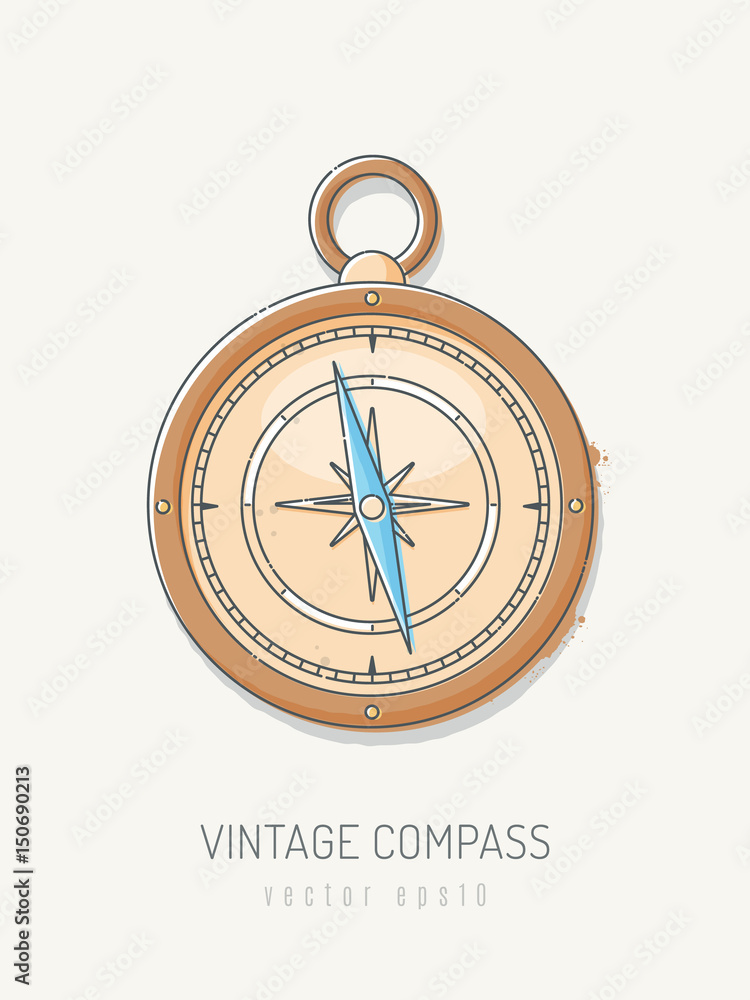 Vintage aged navigation compass vector illustration in line art style ...