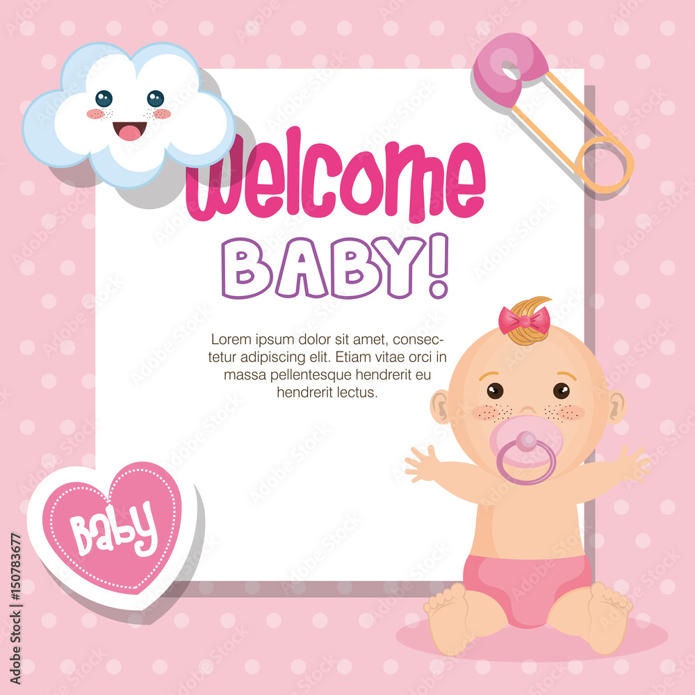Welcome baby card with cute baby girl, heart, kawaii cloud and safety ...