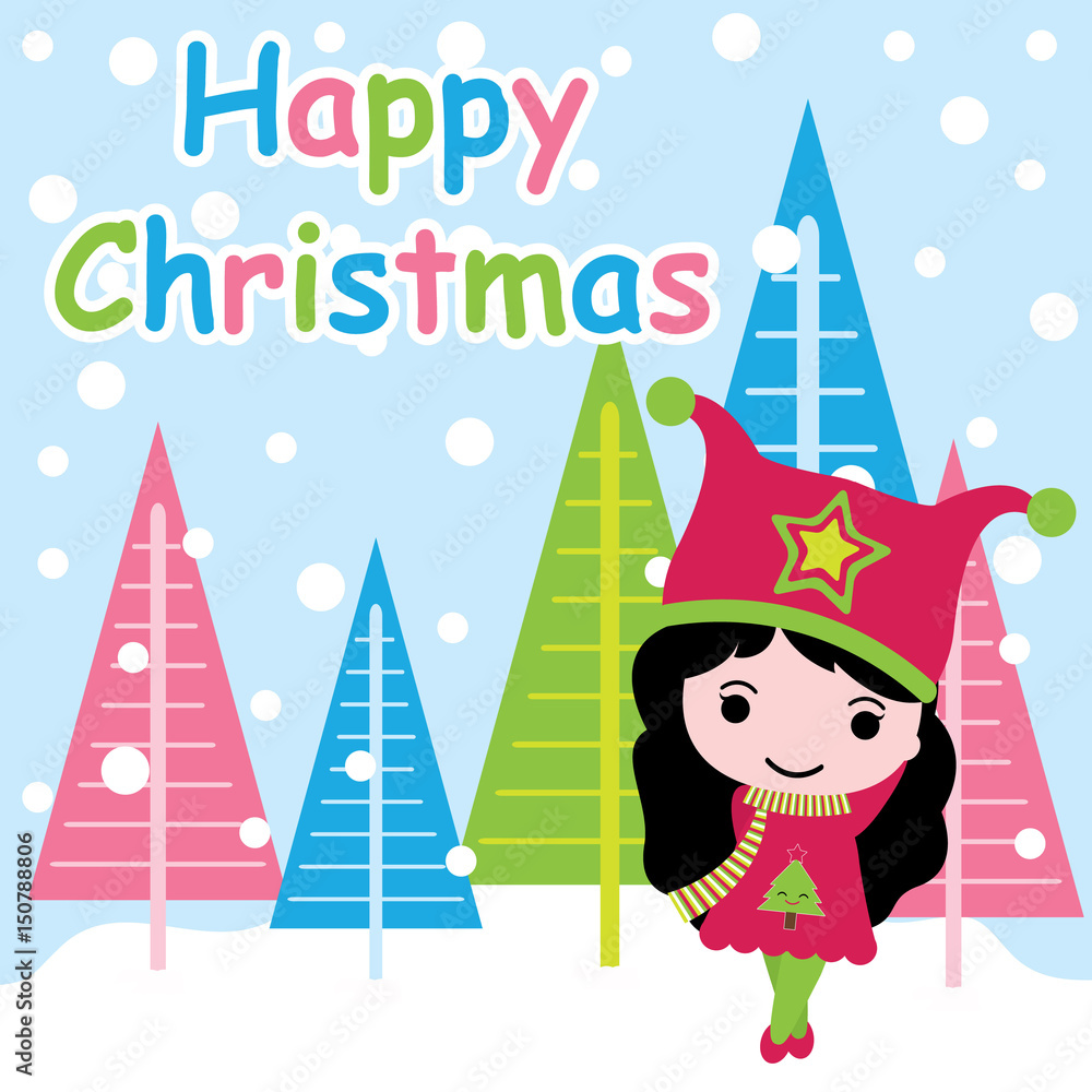 Cute girl is happy on colorful Xams tree background vector cartoon ...