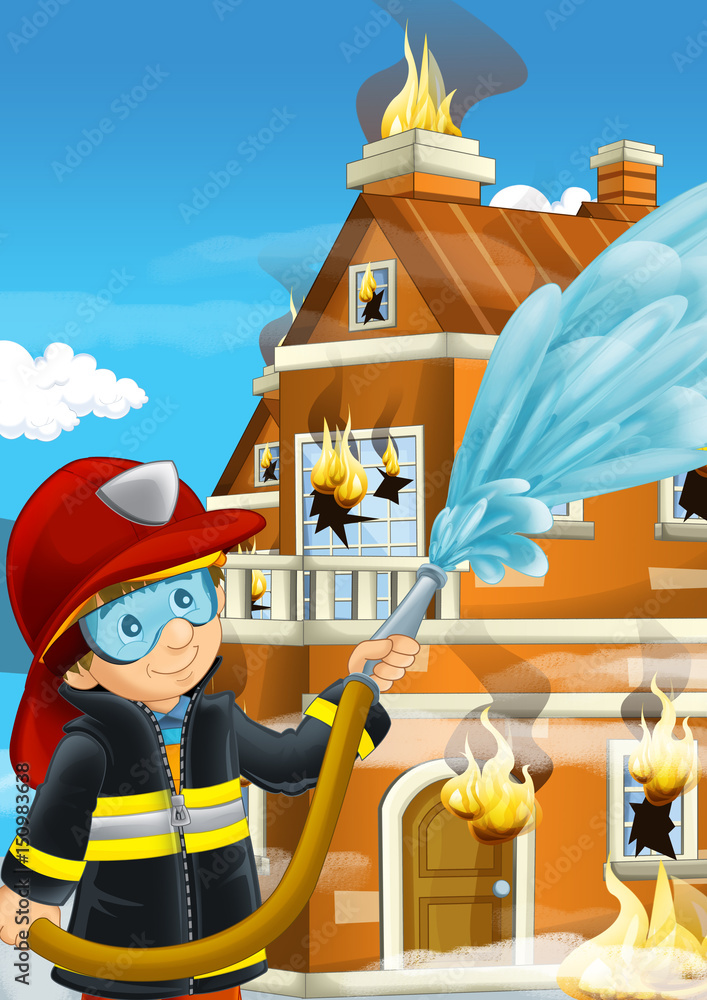 cartoon stage with fireman near burning building colorful scene ...