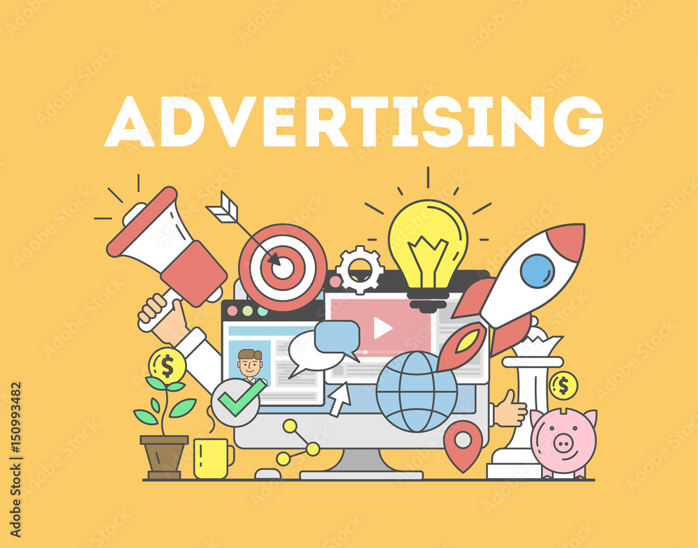 Vetor de Advertising concept illustration. Signs and icons on orange ...