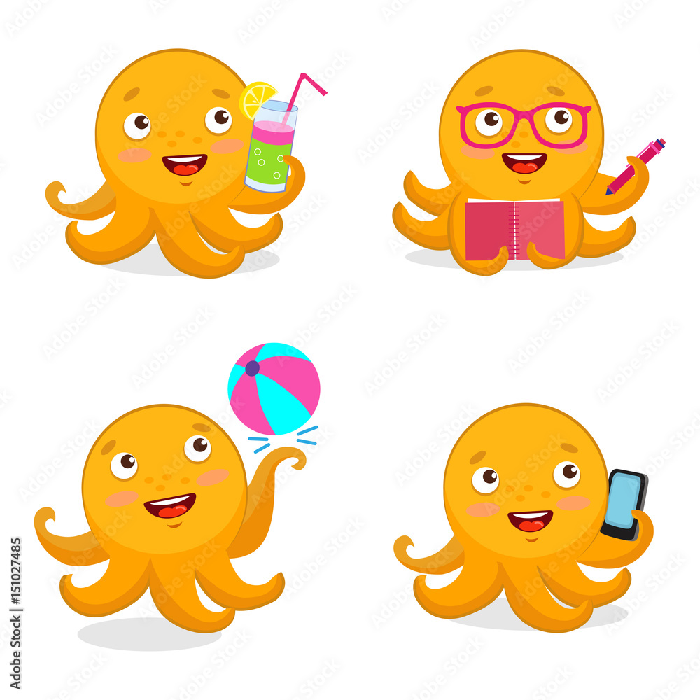 Cartoon Yellow Octopus Vector Set. Vector Octopus Tentacle. Vector ...