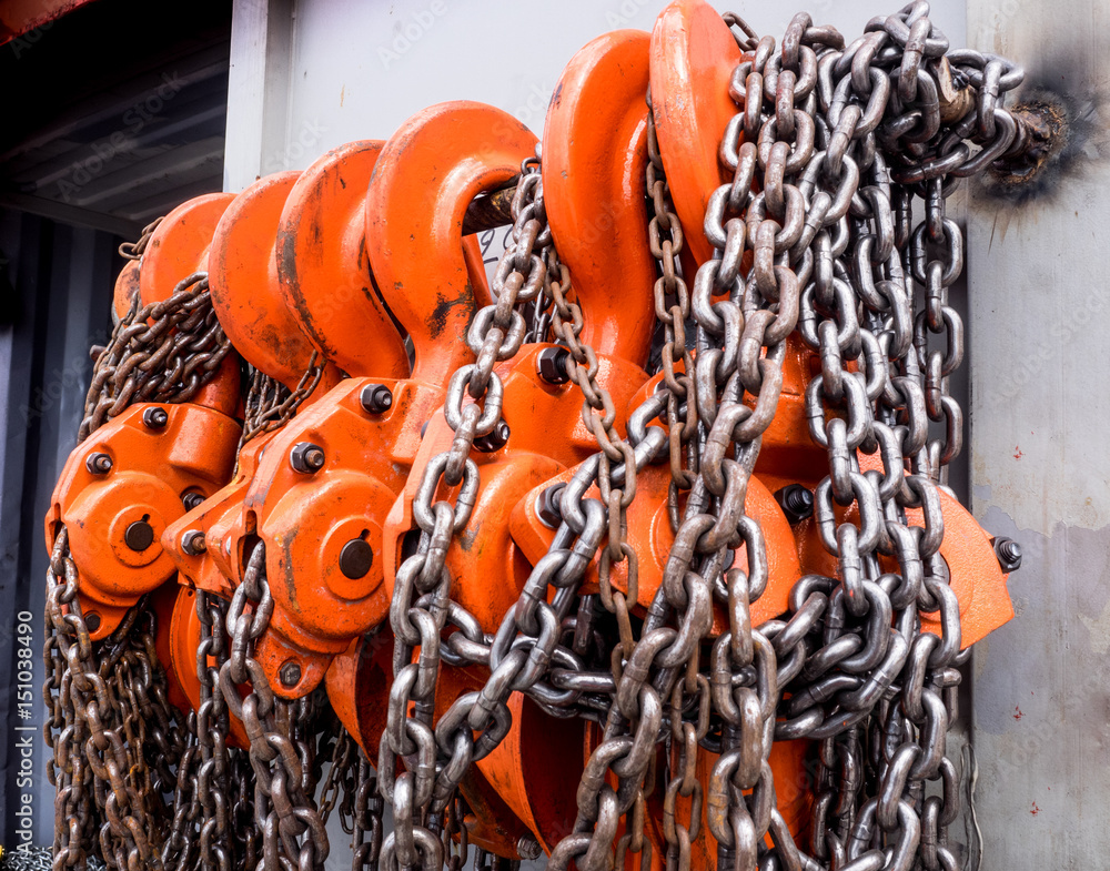 Store of chain block and shackles in side container door. Stock Photo ...