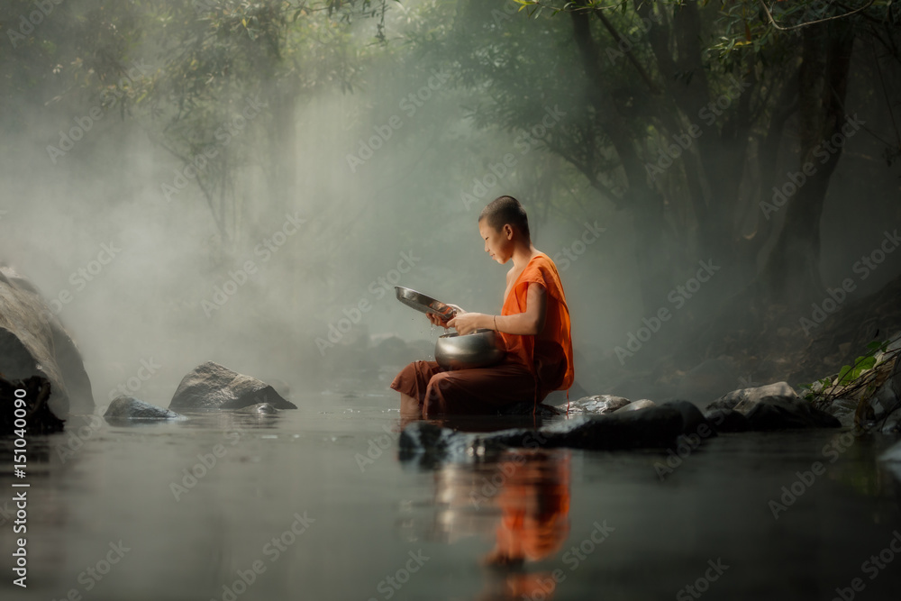 Thailand Little monk sitting on the creek or river in forest at ...