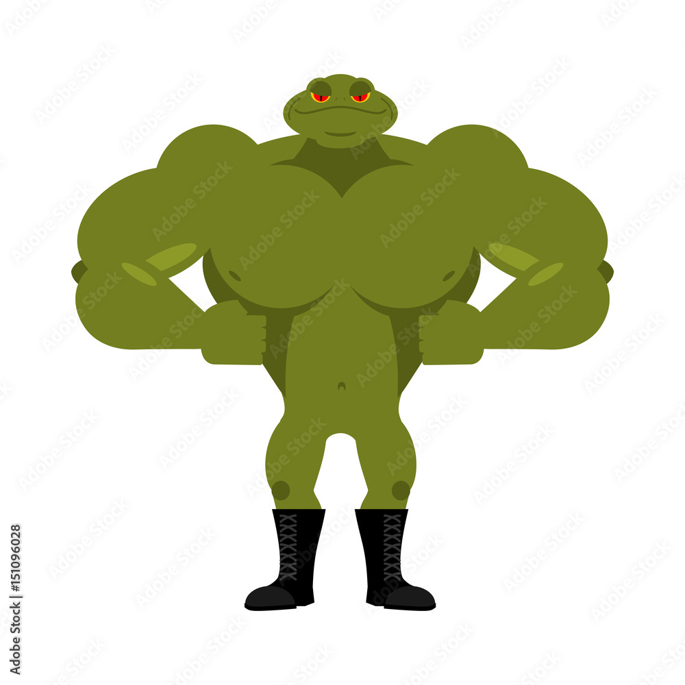 Strong frog. powerful toad with large muscles. Amphibian animal athlete ...