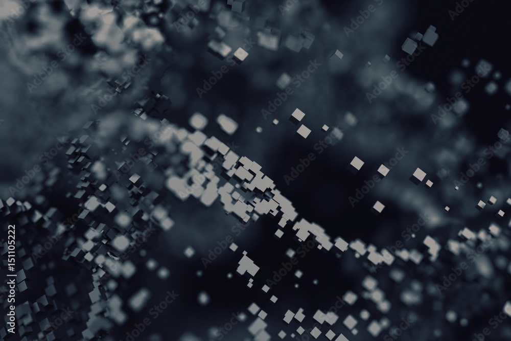 Abstract 3d rendering of chaotic particles. Flying cubes in empty space. Dynamic shape ...