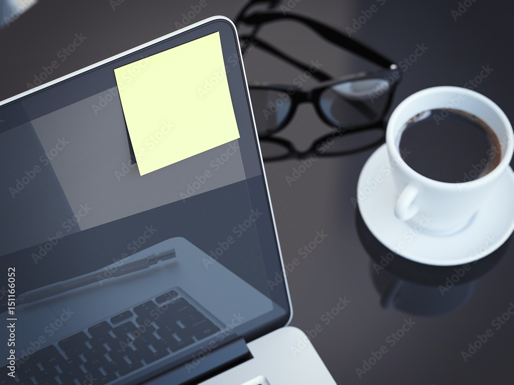 Blank yellow sticky note on the display of laptop. 3d rendering ...