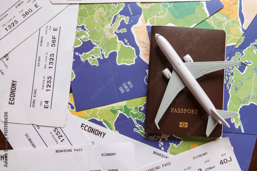 travel concept, passport with airplane on map and boarding pass Stock ...
