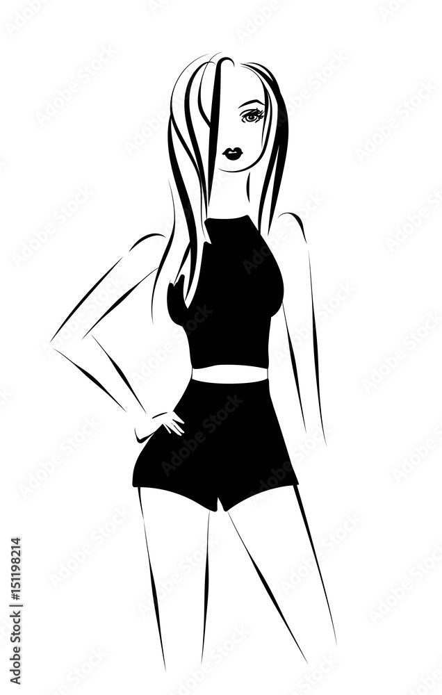Beautiful girl dressed in top and high waisted shorts. Hand drawn ...