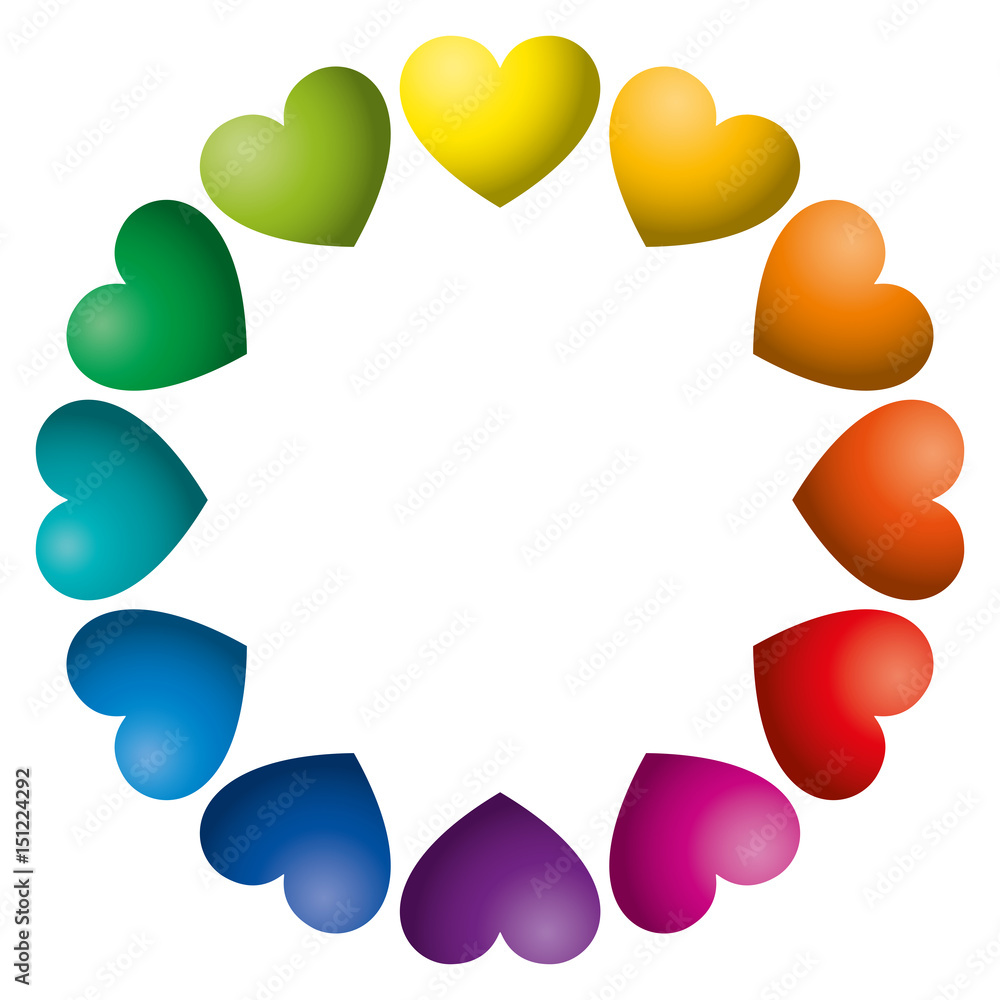 Rainbow color hearts arranged in a circle. Twelve heart symbols in ...
