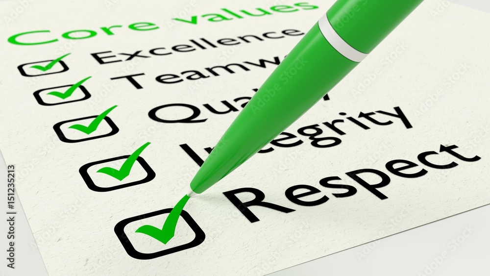 Checklist with core values and a green pen ticking each item Stock ...