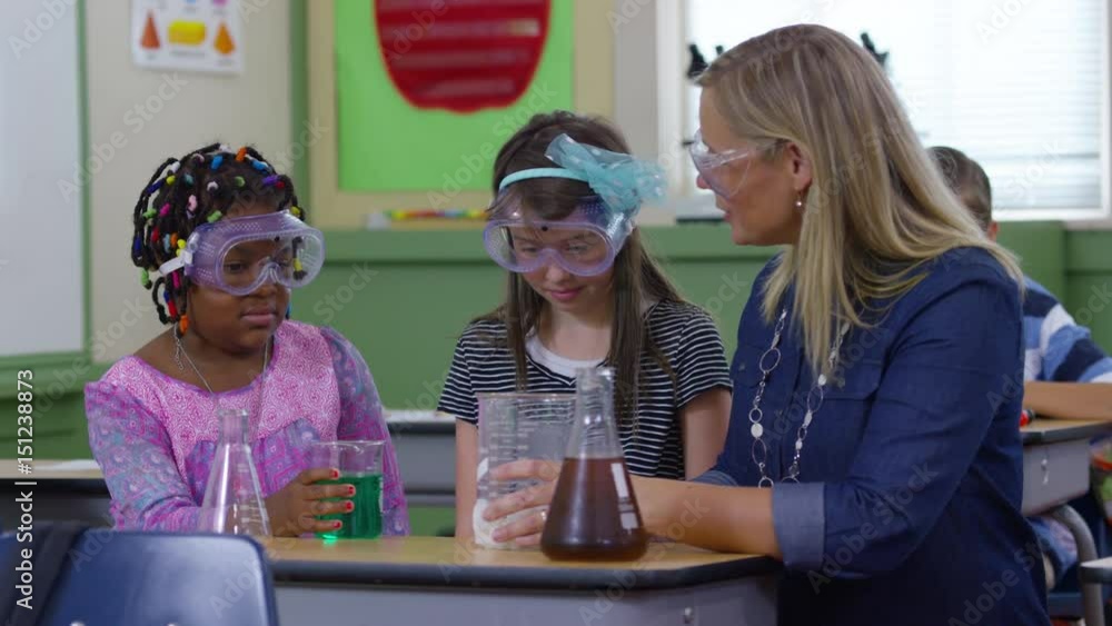 Teacher and students doing science experiment in school classroom Stock ...