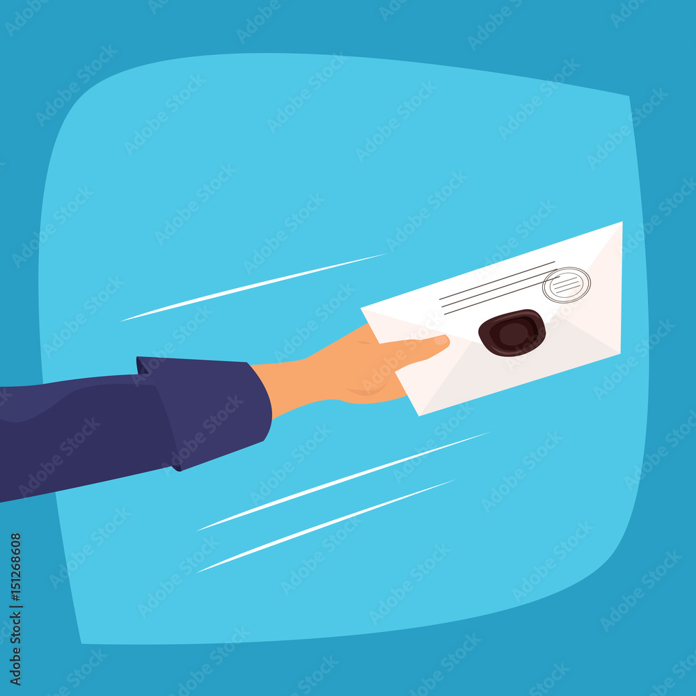 Square clip art in comic style, human hand of a man or postman quickly ...
