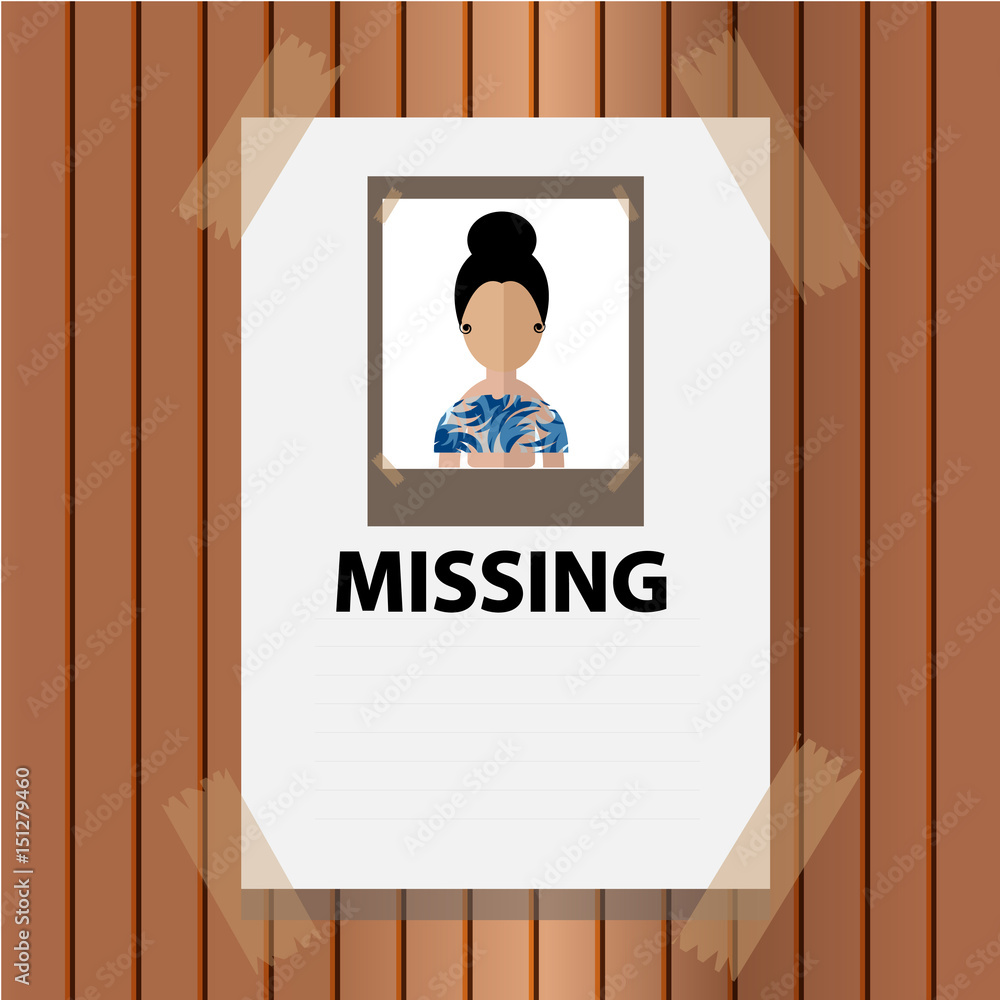 Wanted woman paper poster. Missing announce on wood wall. illustration ...