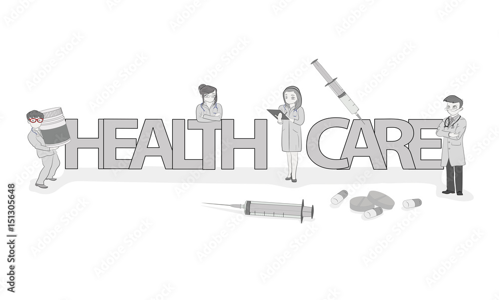 Sketch of working little people with big word "health care". Doodle ...